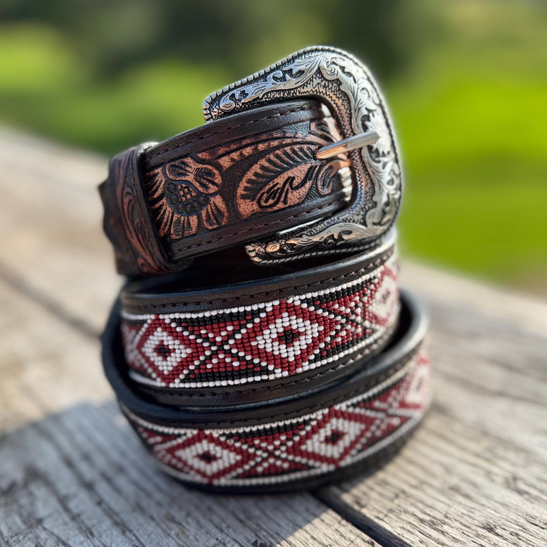 Genuine Leather Western Belt with Tooled and Seed Bead Details – Neon Spur